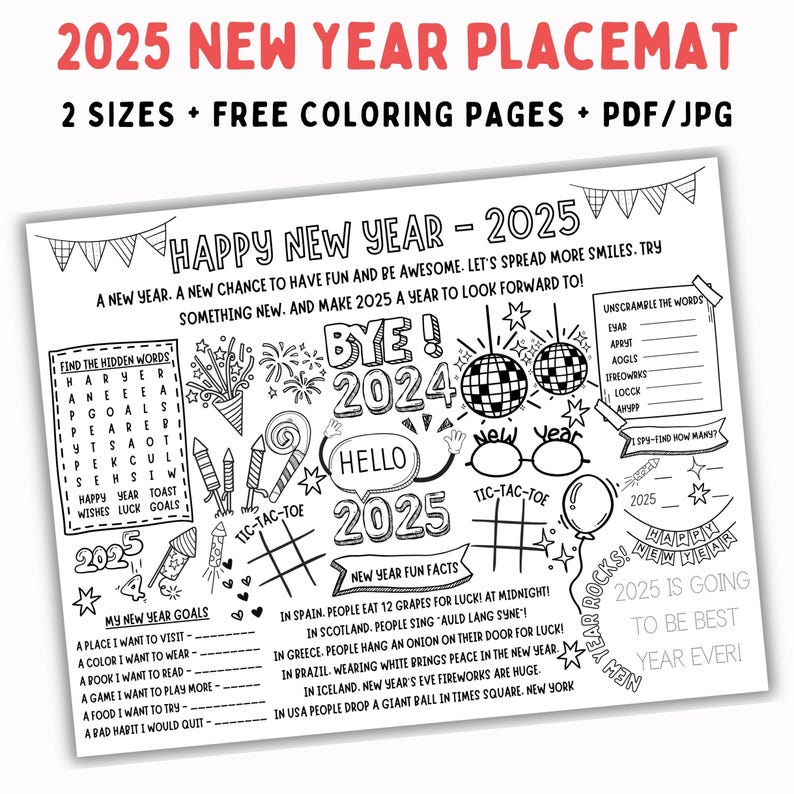 New Years 2025 Activity Placemat PRINTABLE New Years Eve Activity Sheet ...