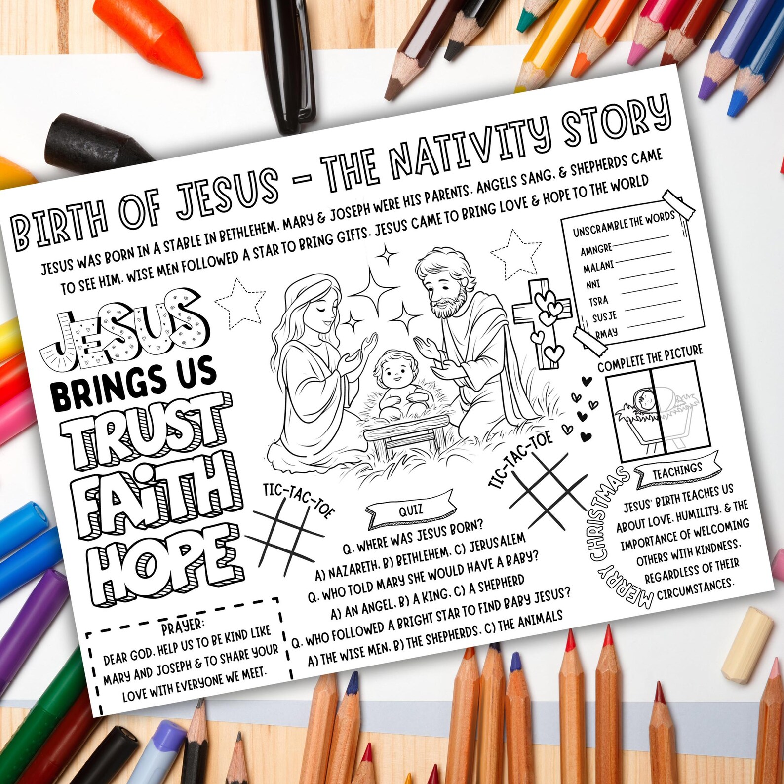 Nativity Activity Placemat Printable, Christmas Coloring Page for Kids ...