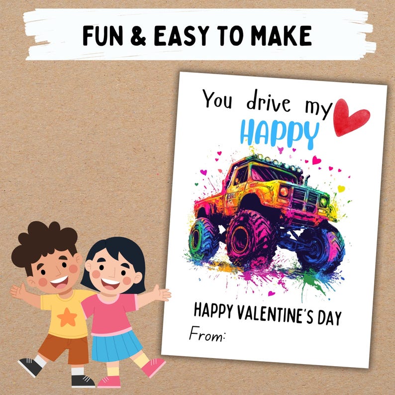 EDITABLE Monster Truck Valentine Cards, Printable, Kids Valentines ...