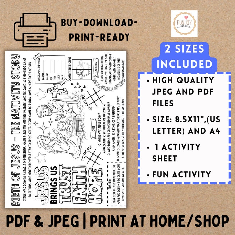 Nativity Activity Placemat Printable, Christmas Coloring Page for Kids ...