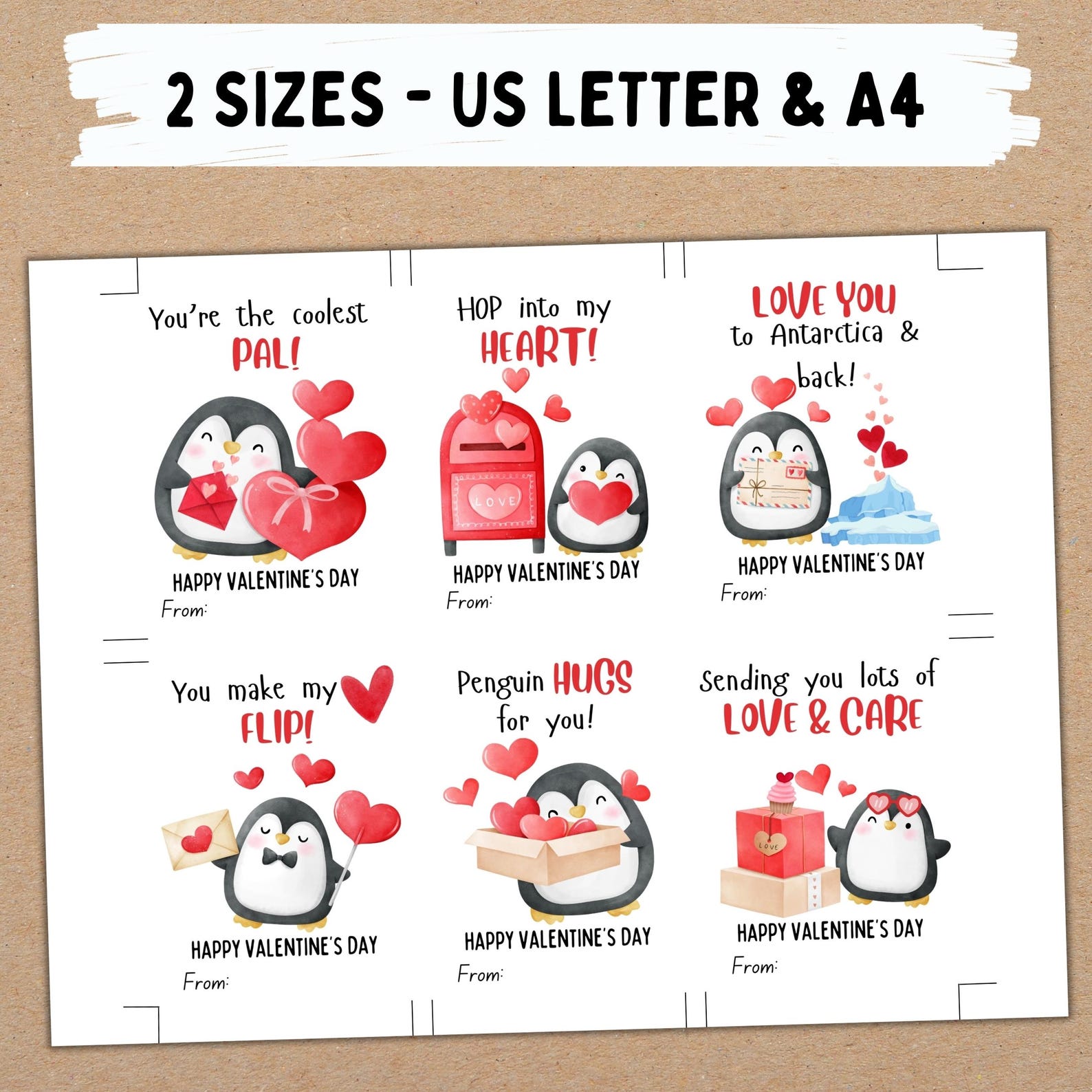 EDITABLE PRINTABLE Penguin Valentine Cards, Classroom Valentines Day ...