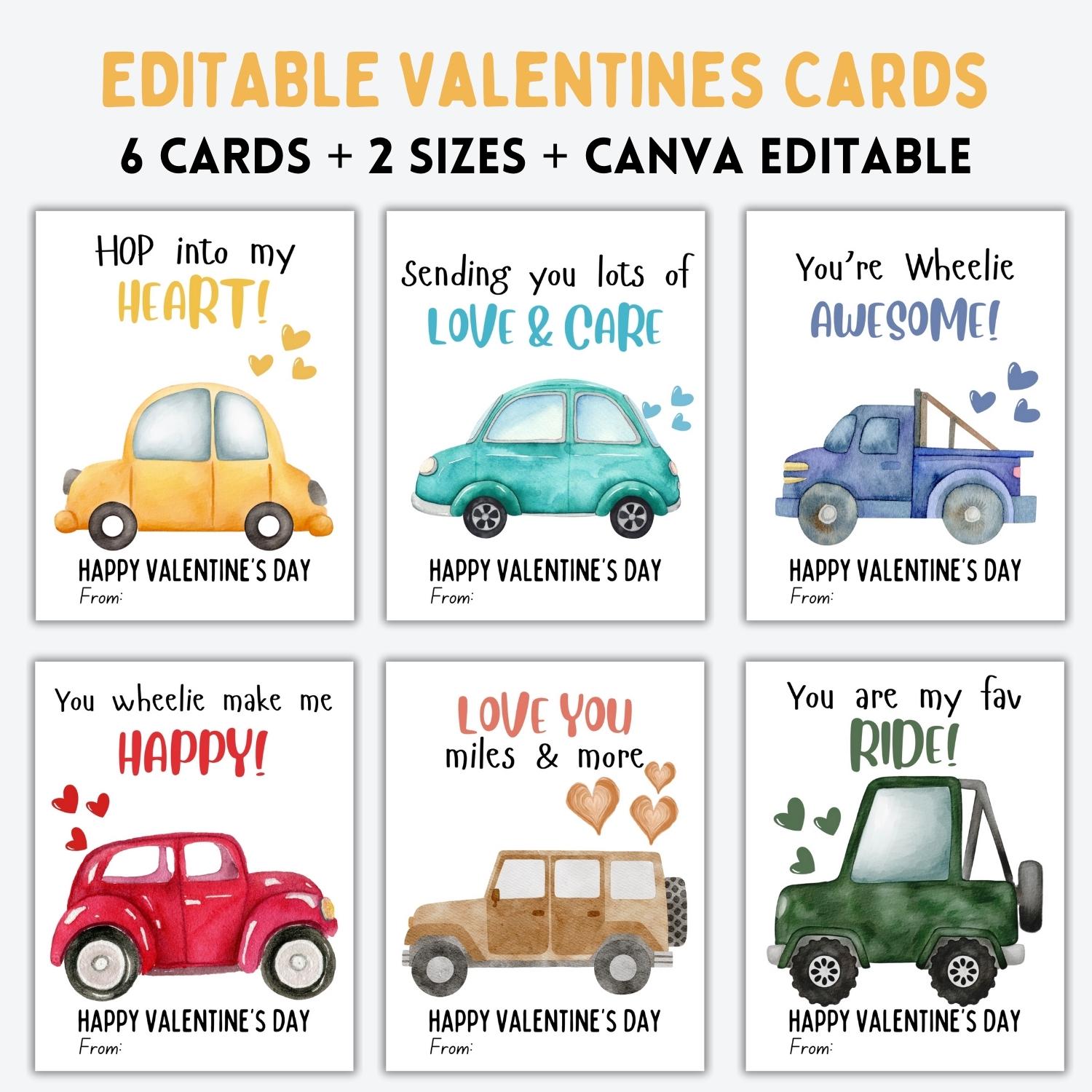 EDITABLE Cute Cars Valentine Cards, Classroom Valentines Day Cards ...