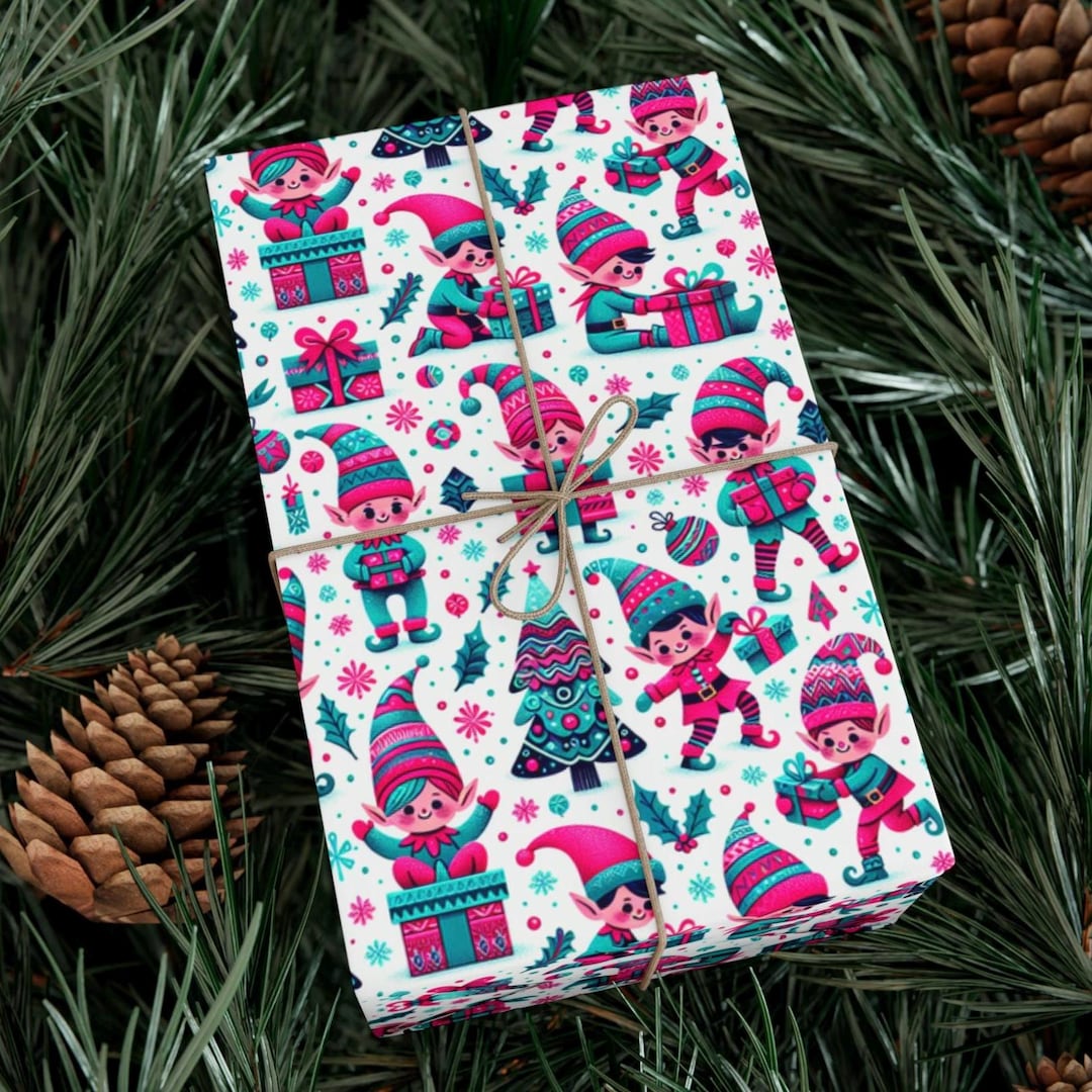 Christmas Wrapping Paper Set Pink Elf Gift Wrap Papers, Holiday Present ...