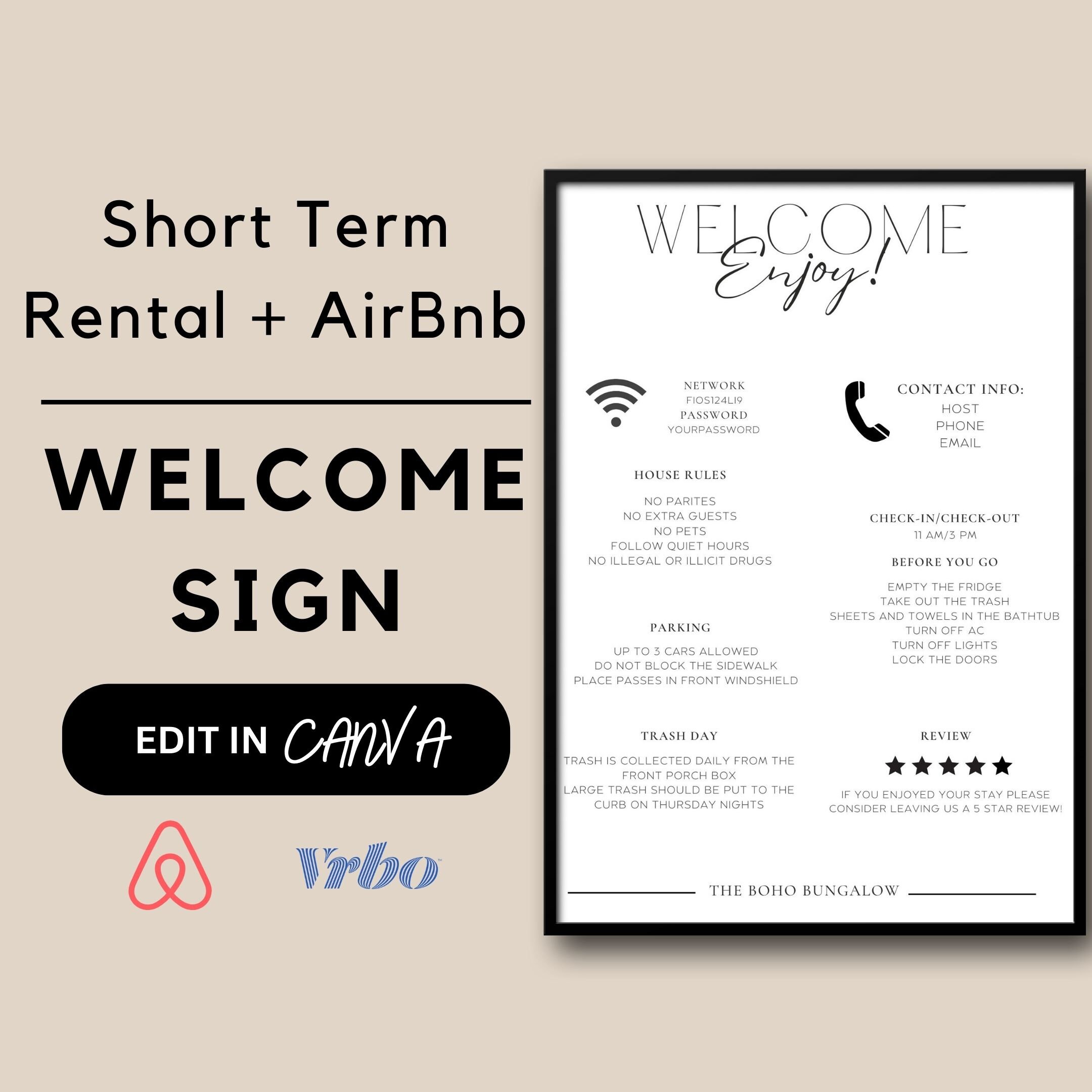Editable Airbnb Welcome Guide Signage, Printable Short Term Rental ...