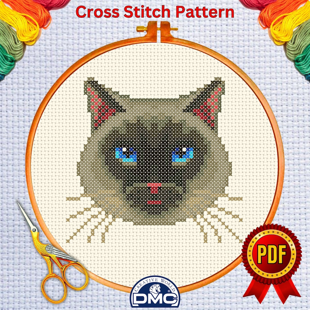 Cute Cat Face Cross Stitch Pattern 12, Animal Embroidery Chart, Antique ...