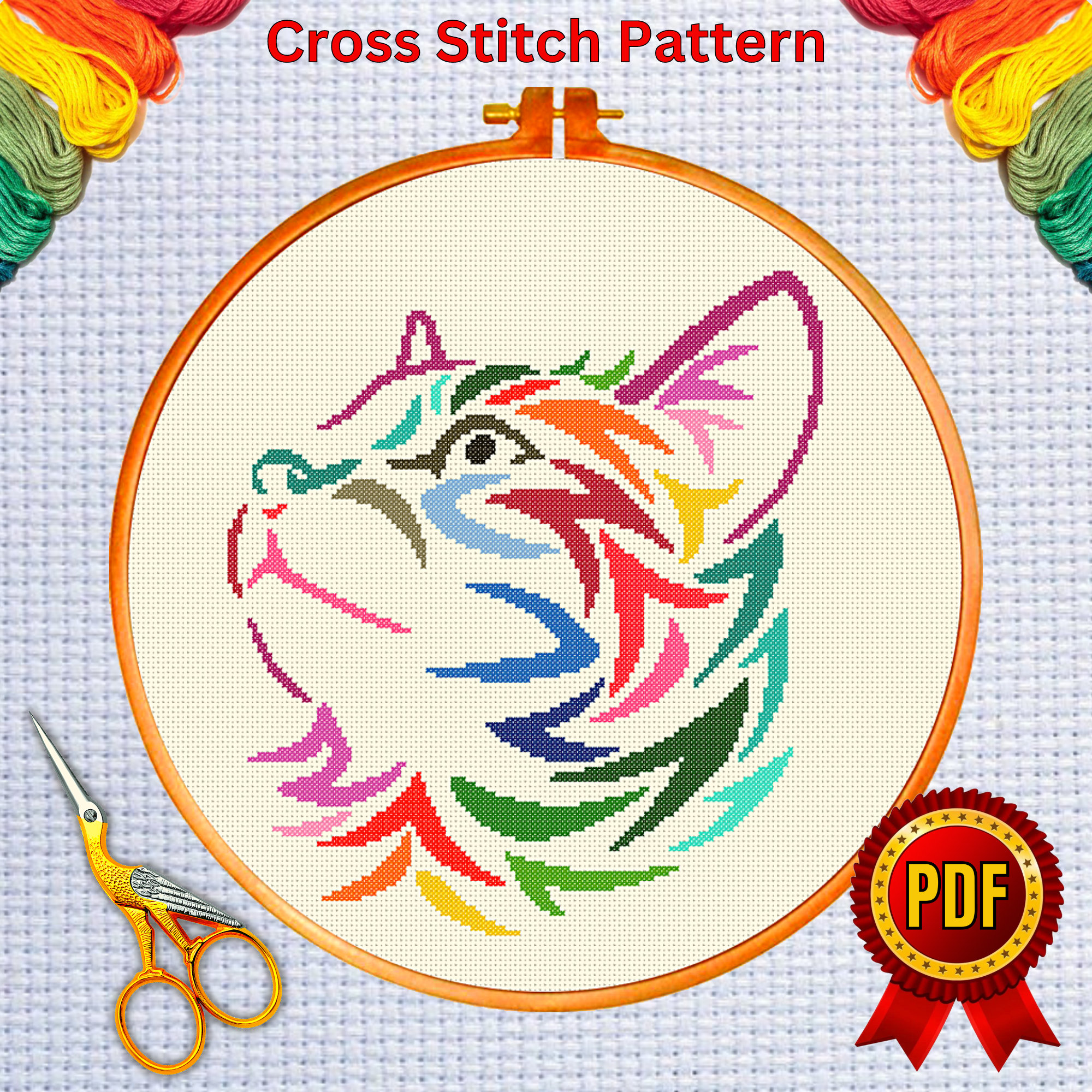 Colorful Cute Kitten's Head Cross Stitch Pattern 1, Cat Cross Stitch ...