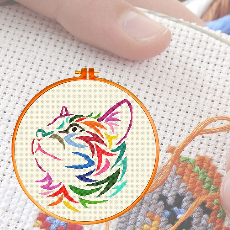 Colorful Cute Kitten's Head Cross Stitch Pattern 1, Cat Cross Stitch ...