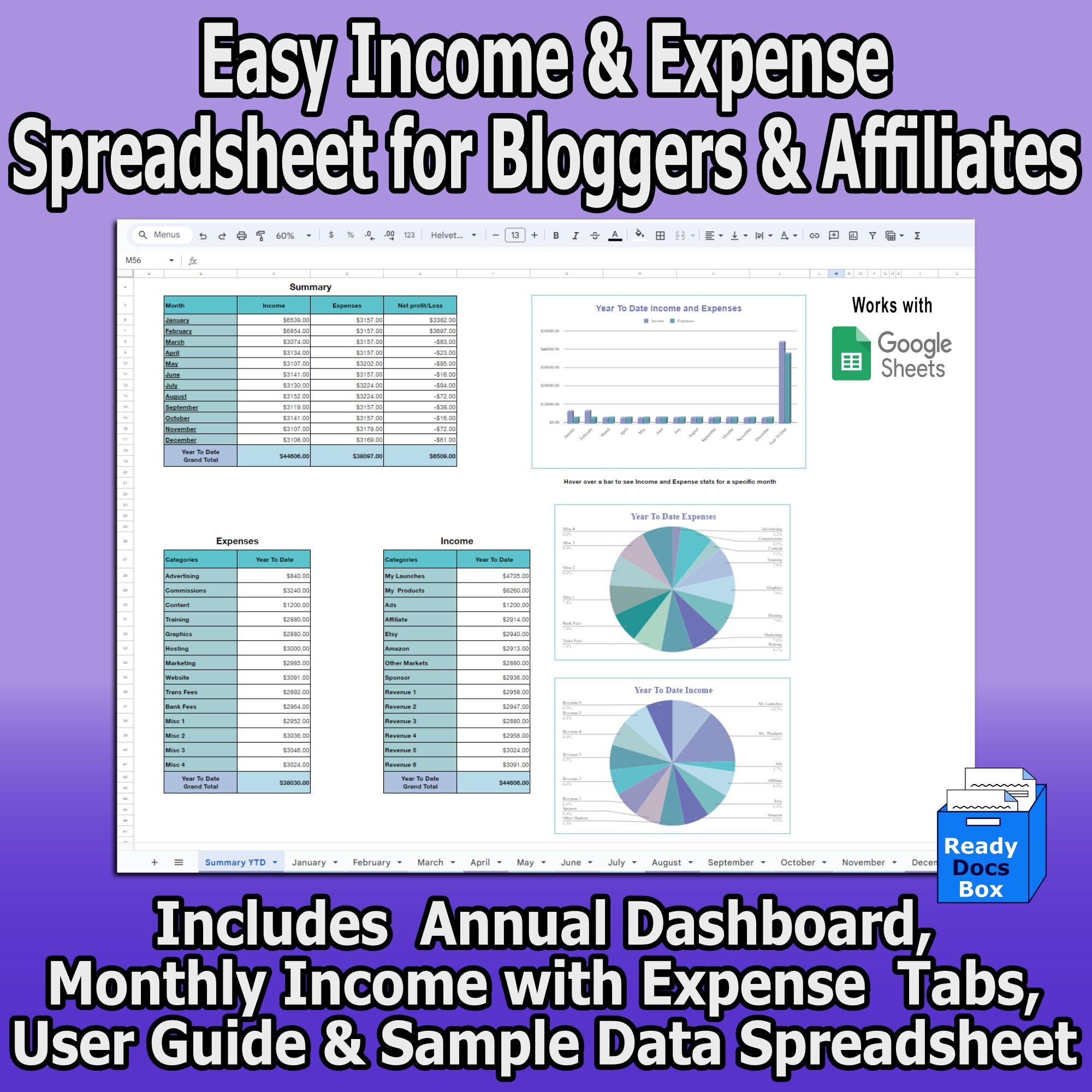 Easy Income Expense Spreadsheet for Bloggers and Affiliates, Lavender ...