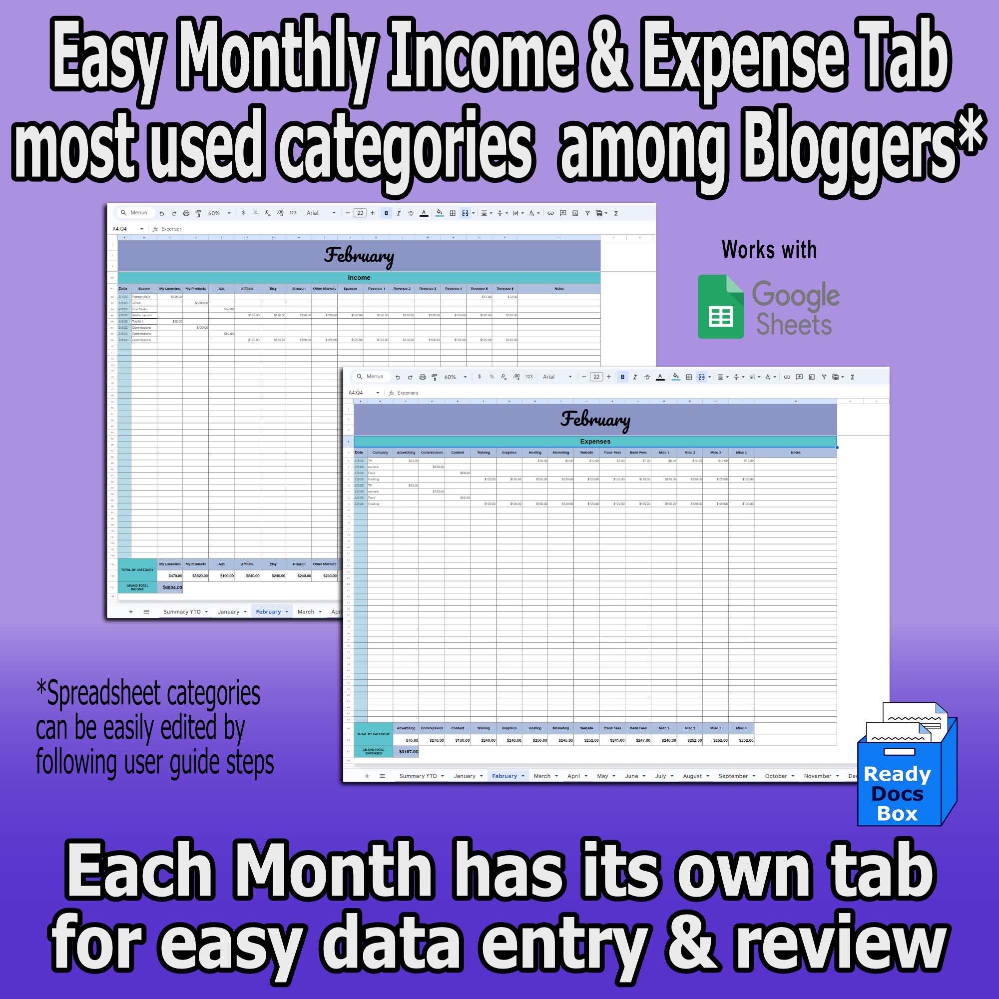 Easy Income Expense Spreadsheet for Bloggers and Affiliates, Lavender ...