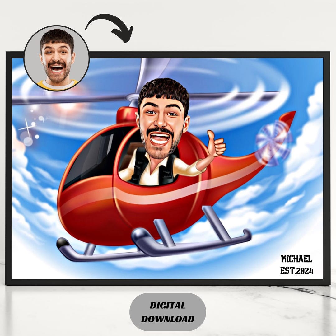Custom Helicopter Pilot Cartoon Portrait From Photo, Helicopter ...