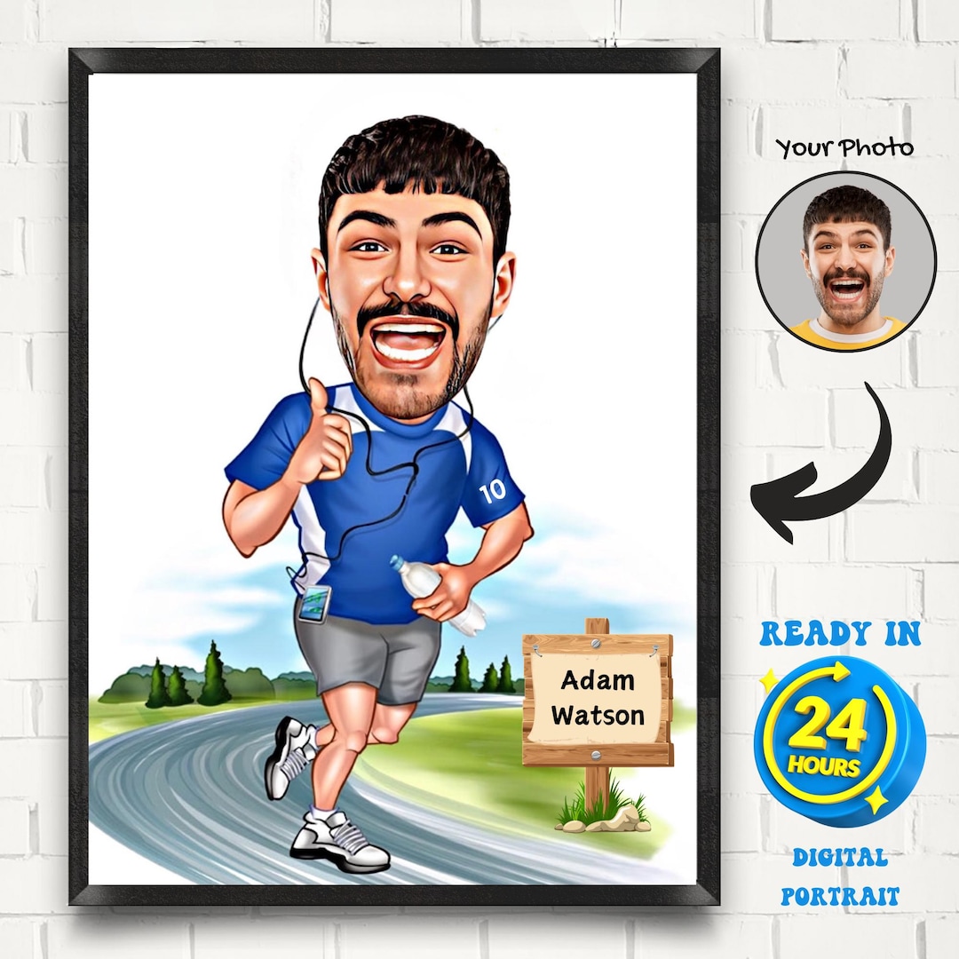 Custom Runner Cartoon Portrait, Runner Gifts for Him, Runner Caricature ...