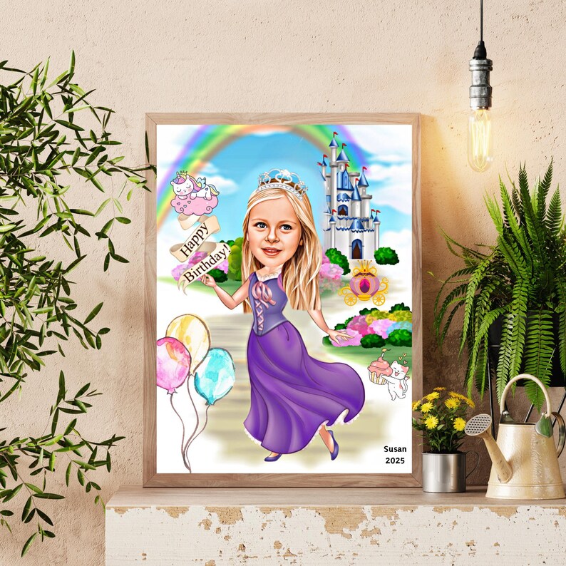 Personalized Princess Birthday Cartoon Portrait , Custom Princess ...