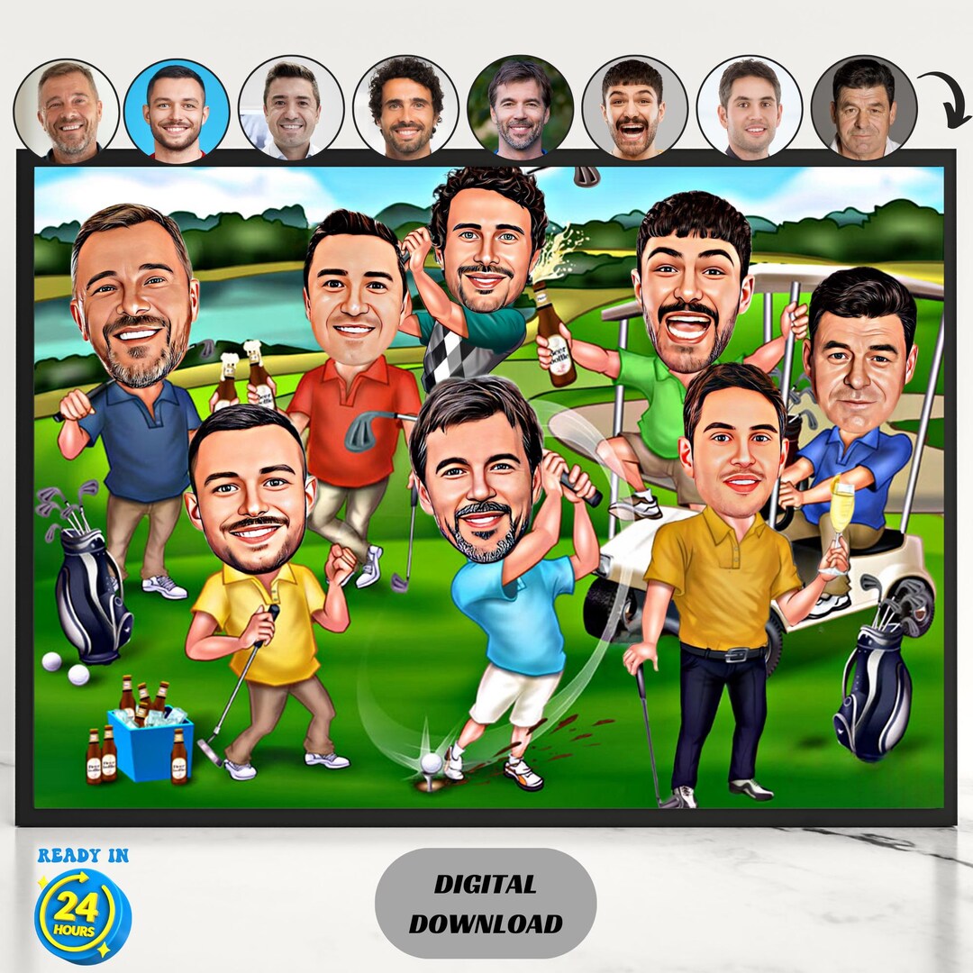 Custom Golfers 8 Characters Cartoon Portrait, Funny Golf Players Gift ...