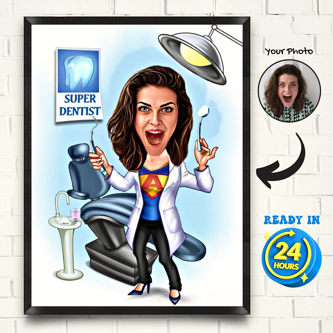 Personalized Female Dentist Cartoon Portrait, Female Super Dentist ...
