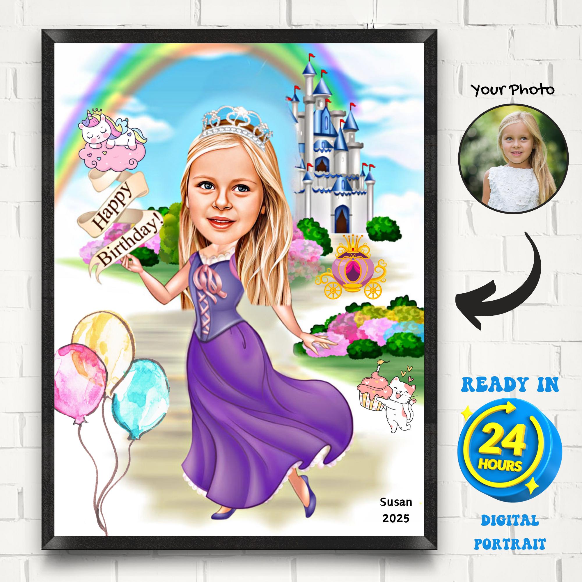 Personalized Princess Birthday Cartoon Portrait , Custom Princess ...