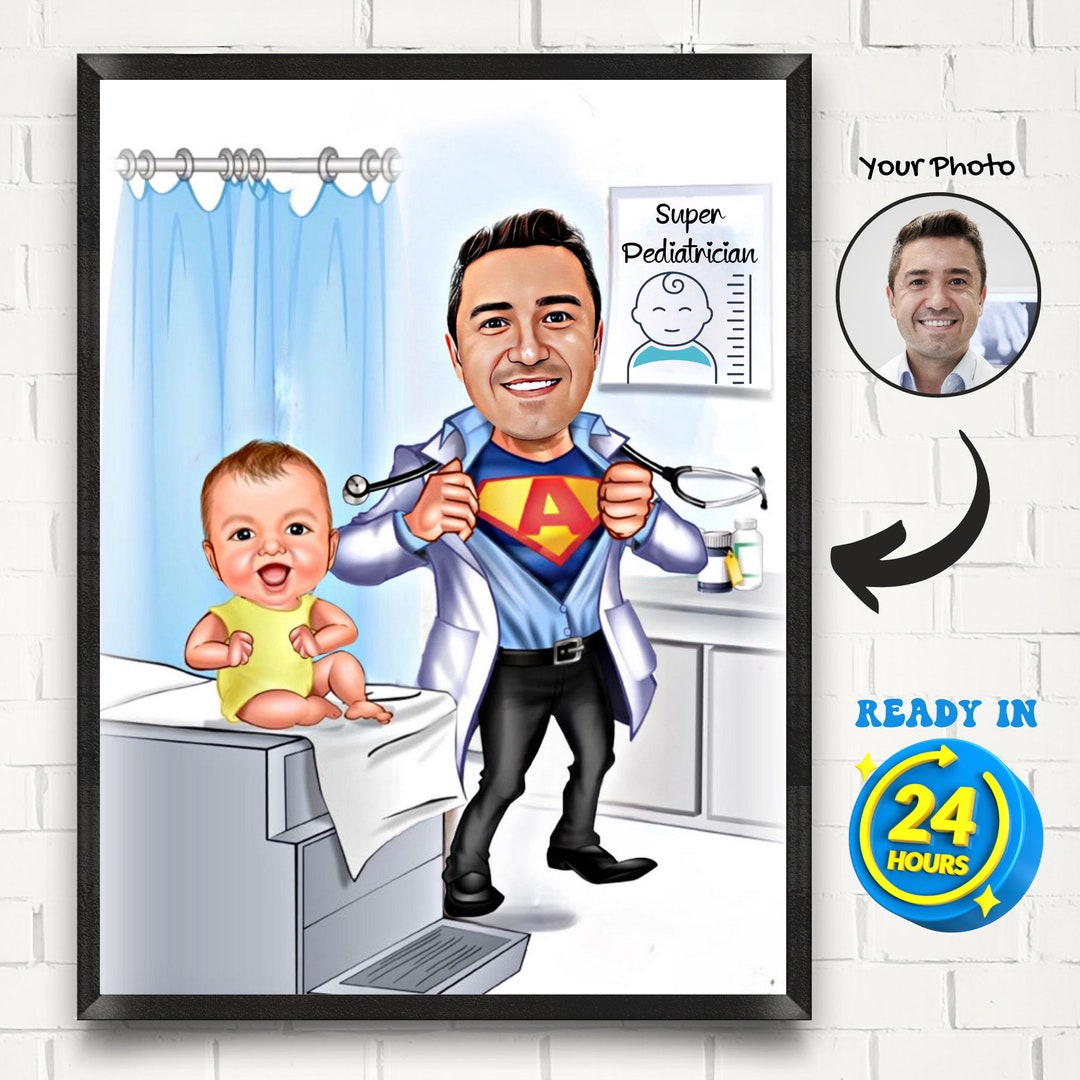 Personalized Pediatrician Cartoon Portrait Super Pediatric Doctor ...