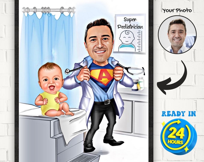 Personalized Pediatrician Cartoon Portrait Super Pediatric Doctor ...