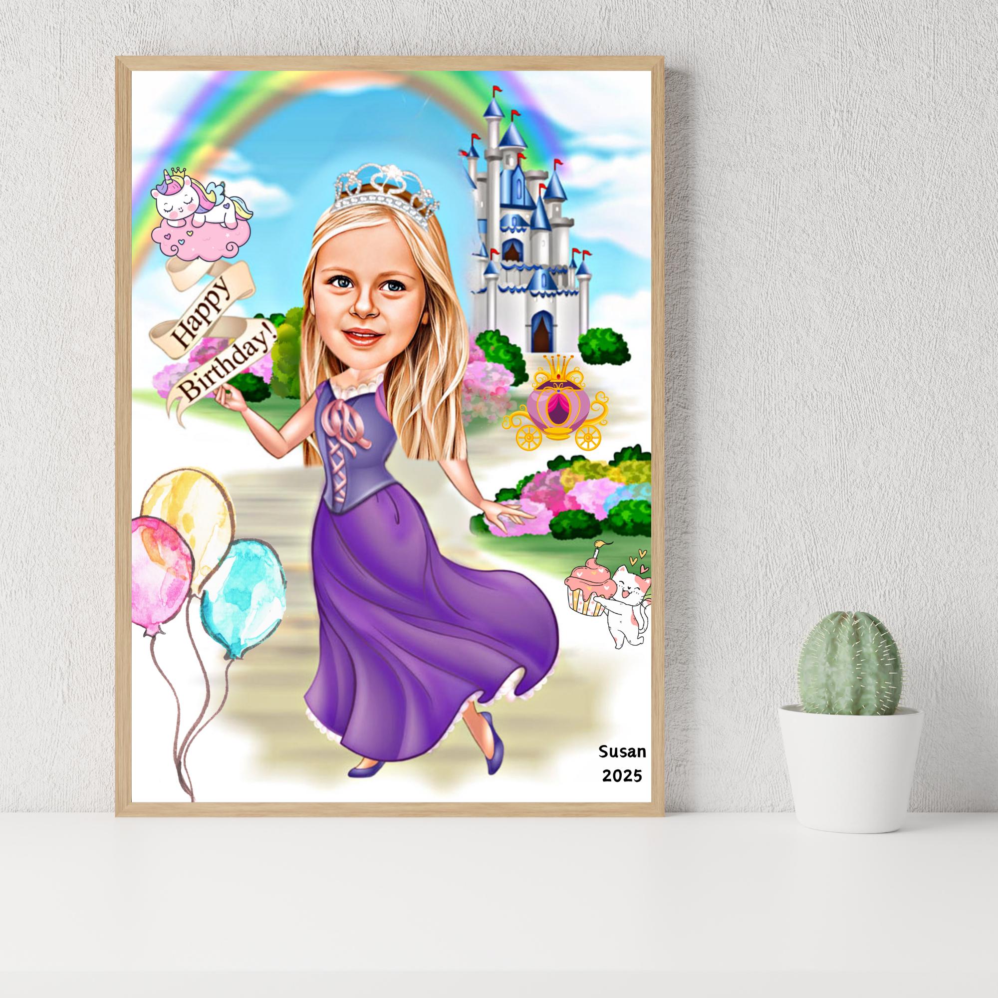 Personalized Princess Birthday Cartoon Portrait , Custom Princess ...