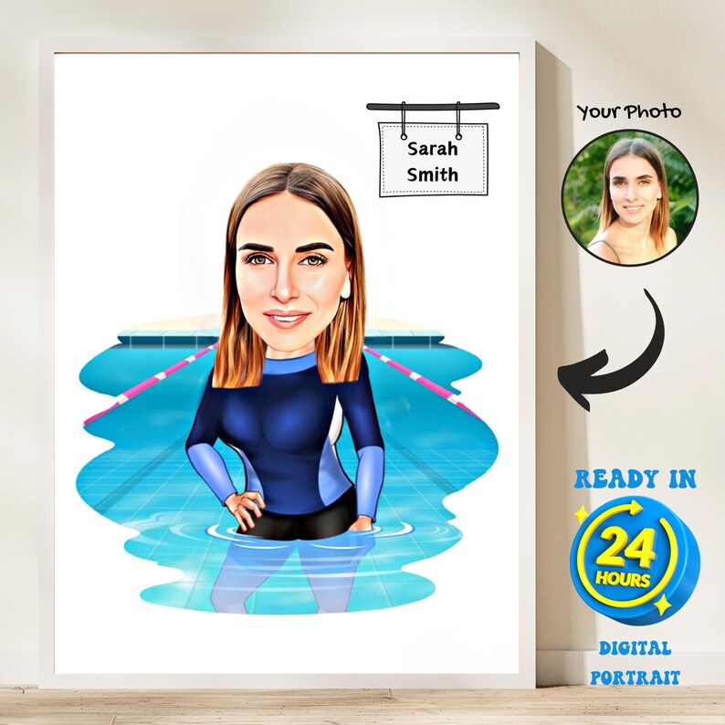 Custom Female Swimmer Cartoon Portrait, Personalized Caricature ...