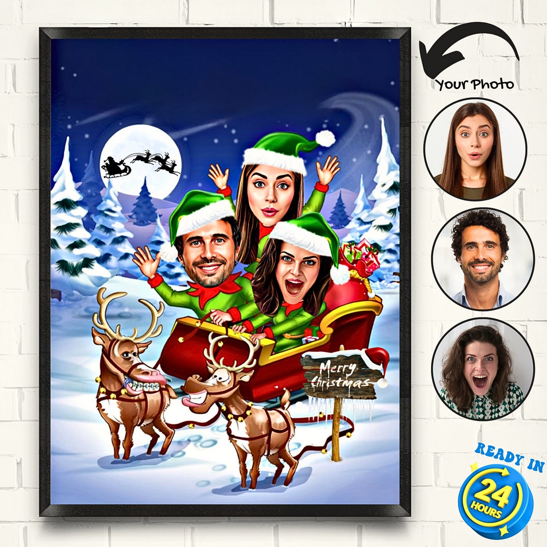 Custom Christmas Elf Family Caricature Portrait, Christmas Elves Group ...