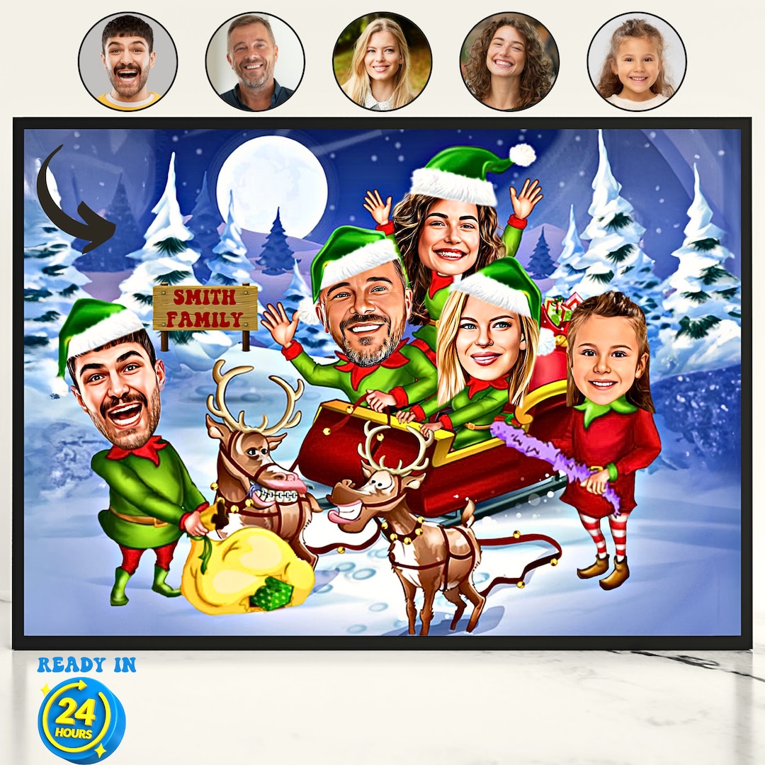 Custom Christmas Elf Family Caricature Portrait, Family Gifts ...