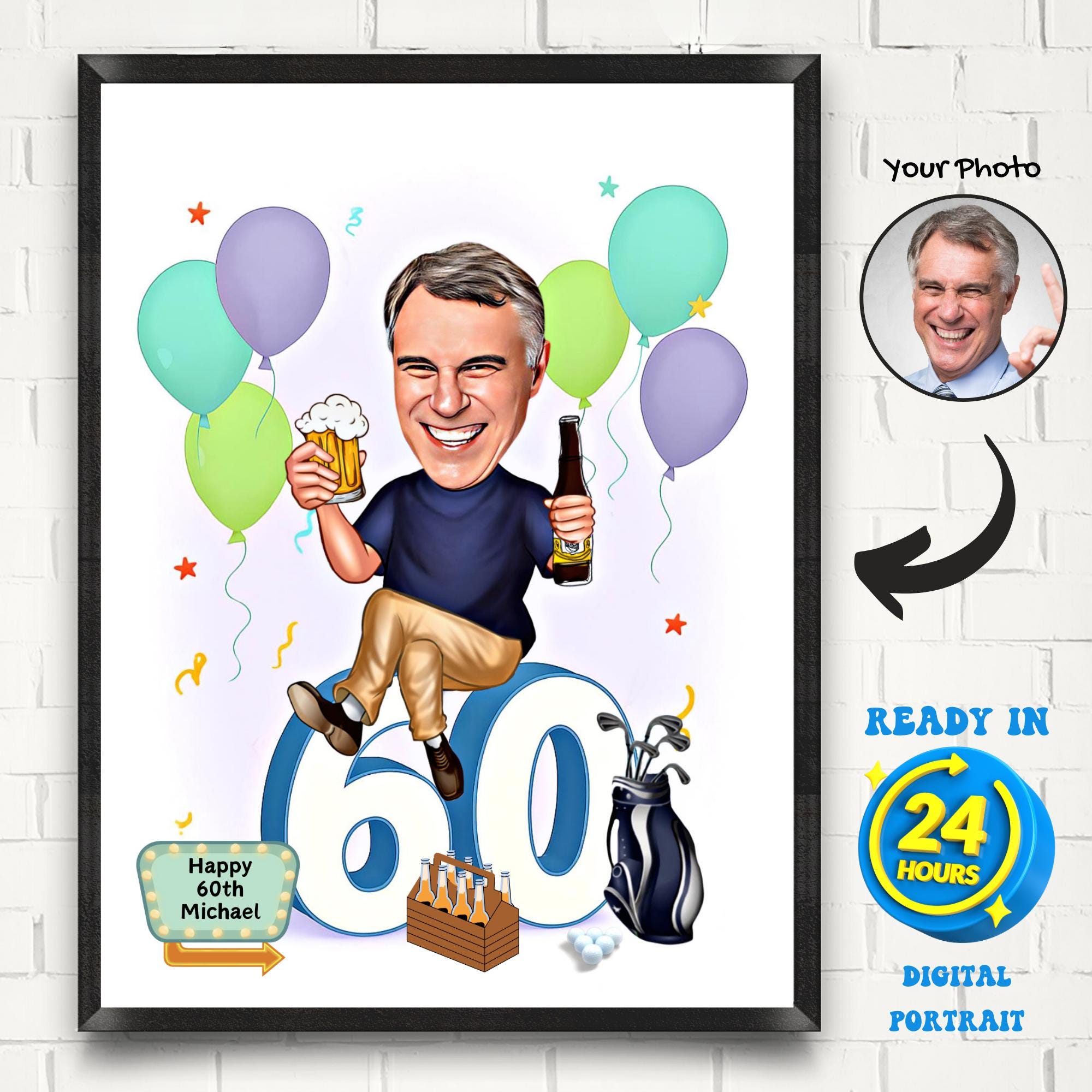 Personalized 60th Birthday Caricature, Funny Cartoon Gift (digital) - Etsy