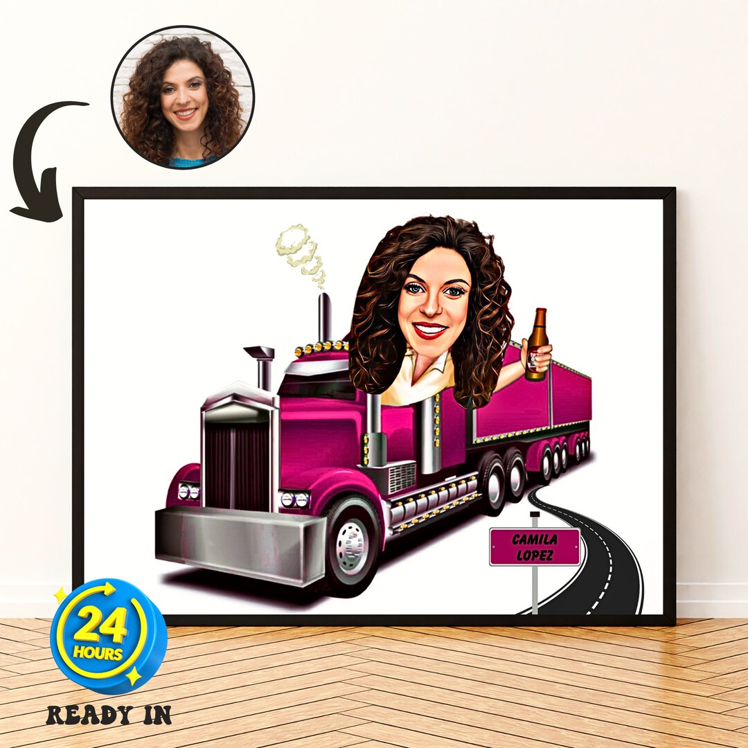 Personalized Female Truck Drivers Caricature, Lady Truckers Portrait ...