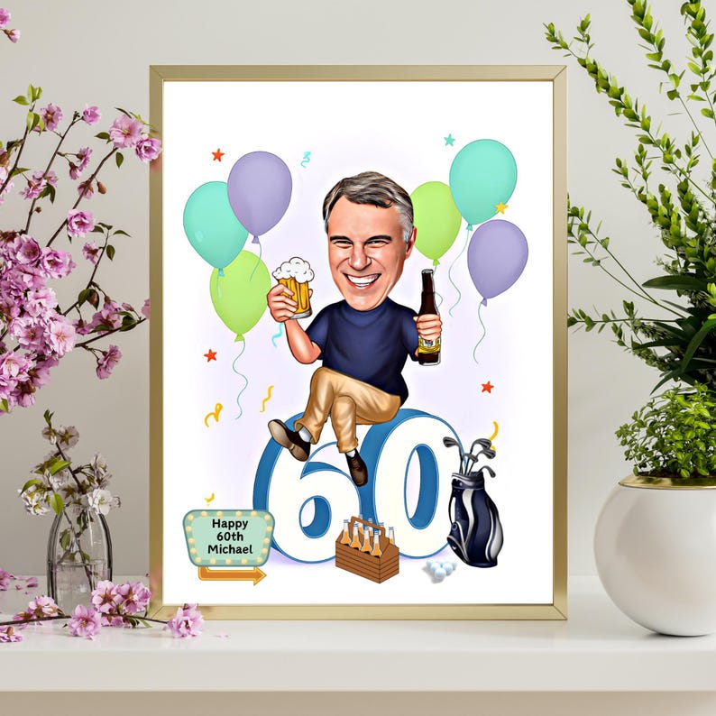 Personalized 60th Birthday Caricature, Funny Cartoon Gift (digital) - Etsy