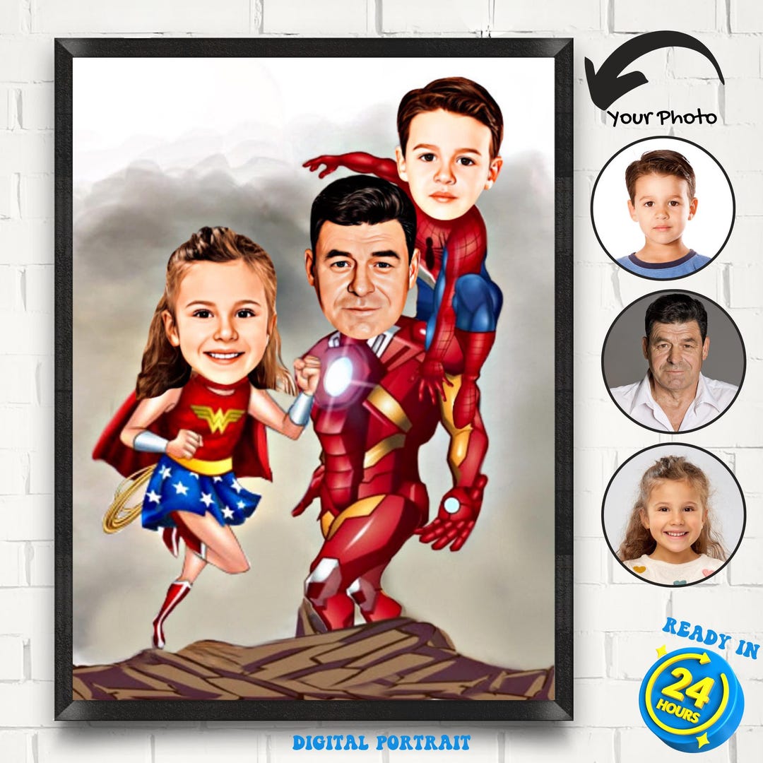 Custom Family Superhero Cartoon Portrait, Gifts for Dad, Superhero Dad ...