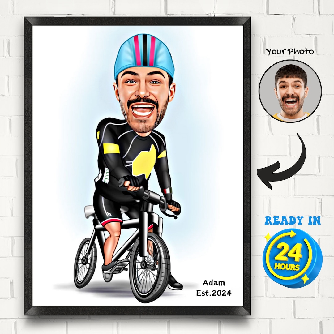 Personalized Cyclist Cartoon Portrait, Male Cyclist Caricature, Cyclist ...