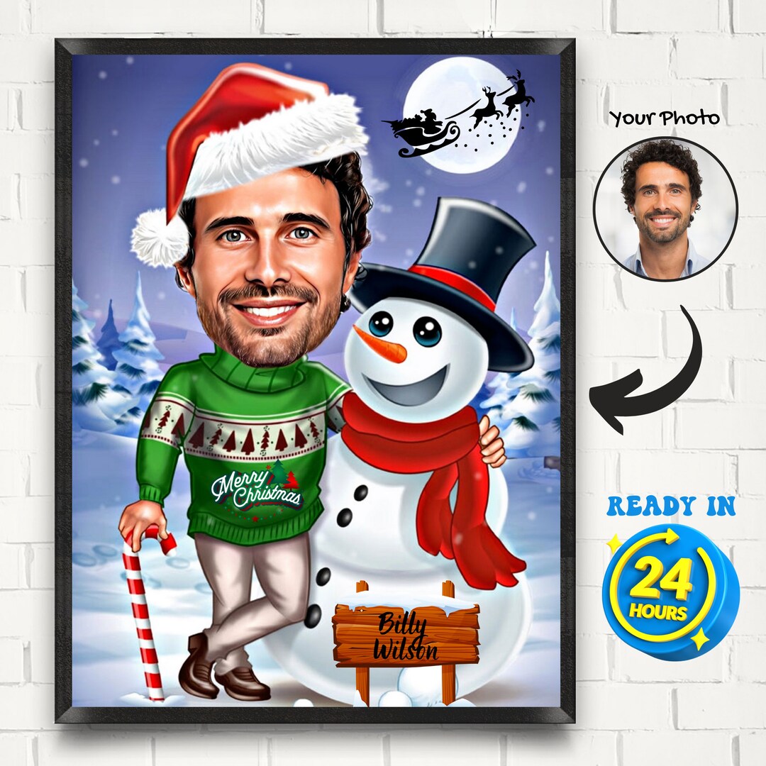 Personalized Christmas Caricature Portrait, Male Christmas Cartoon ...