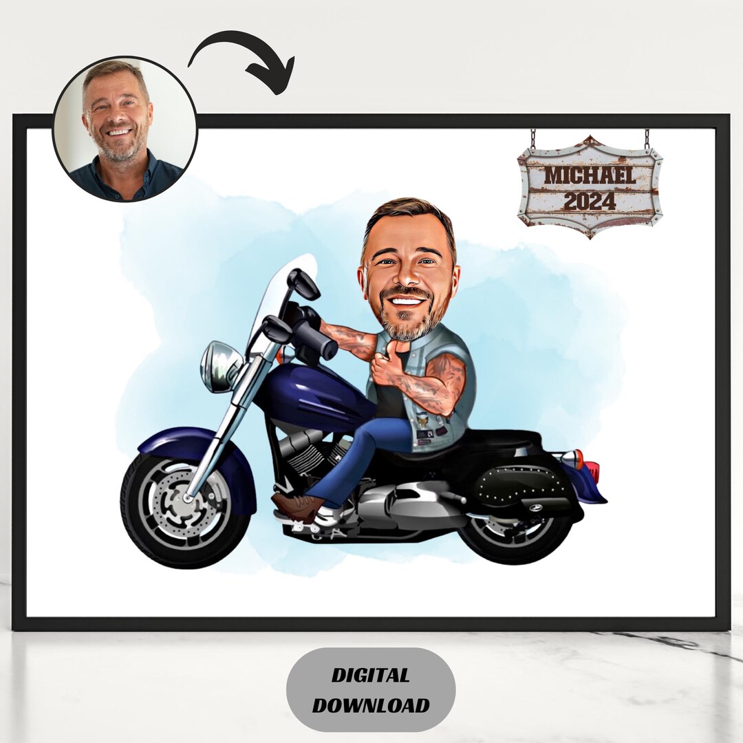 Custom Motorcyclist Cartoon Portrait, Personalized Caricature of ...