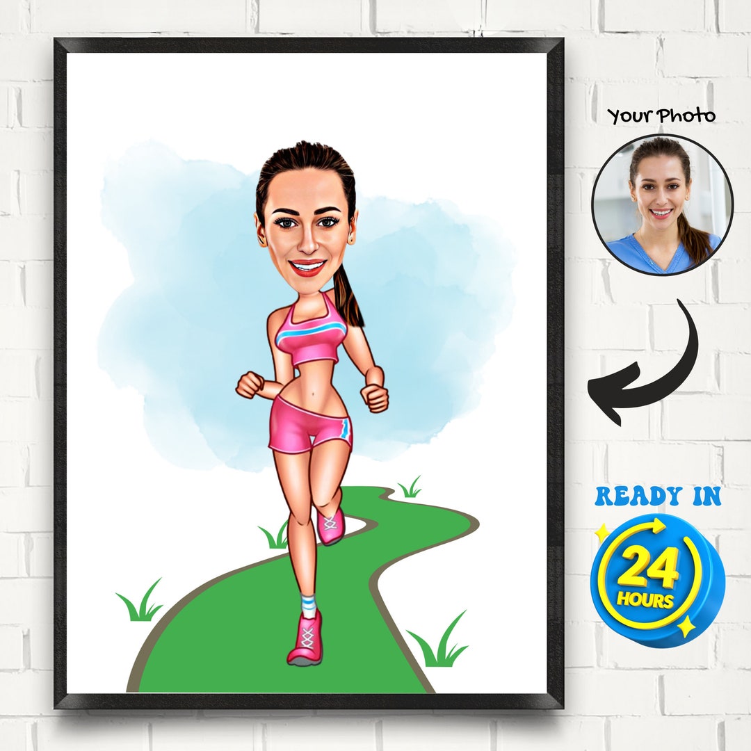 Personalised Runner Cartoon Portrait From Photo, Female Runner ...