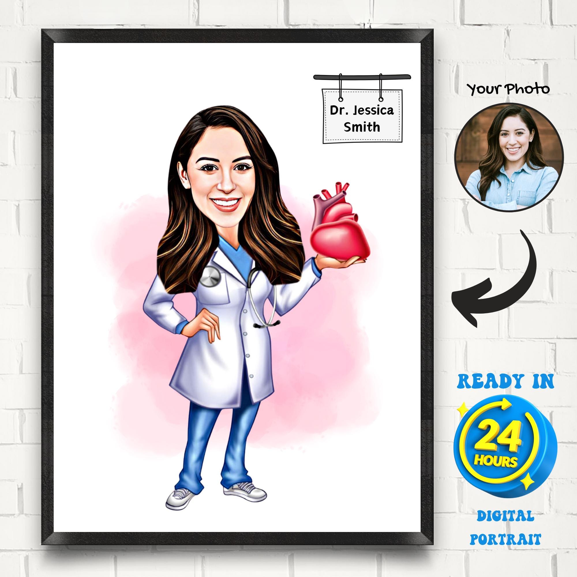 Custom Female Cardiologist Cartoon Portrait, Cardiology Caricature Gift ...
