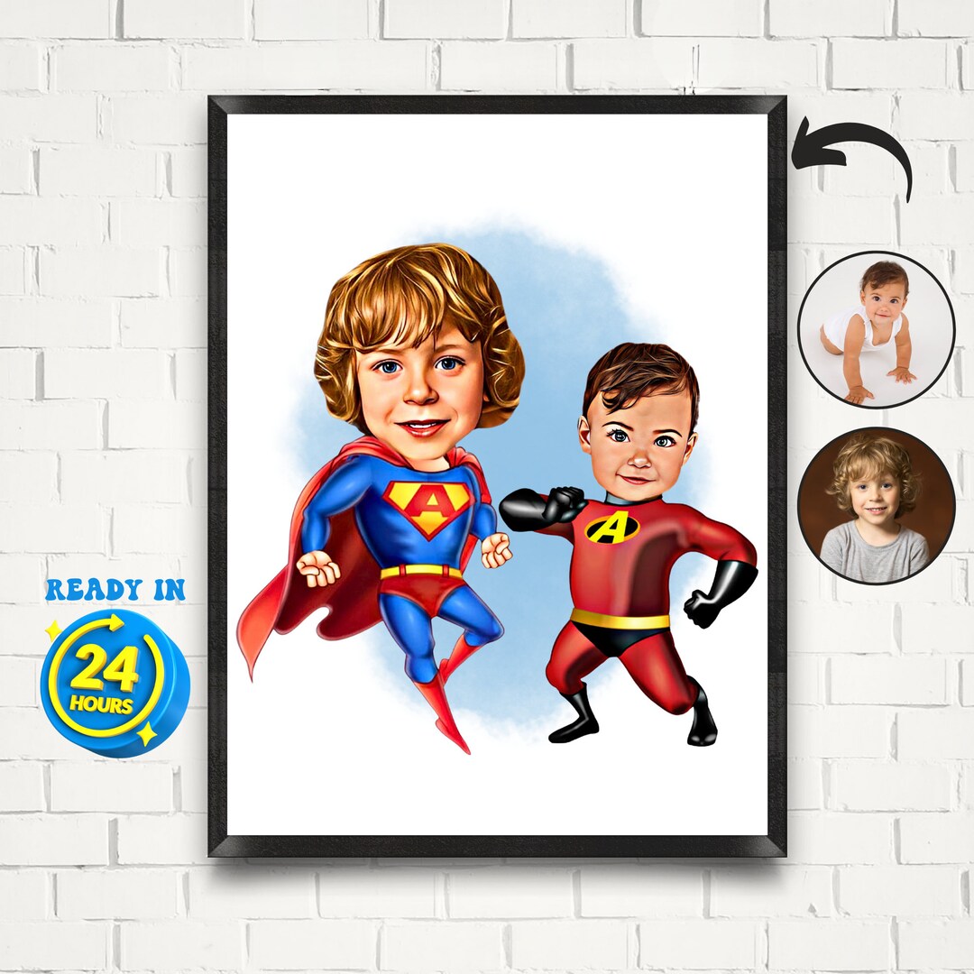 Custom Superhero Brothers Cartoon Portrait, Kids Caricature From Photo ...