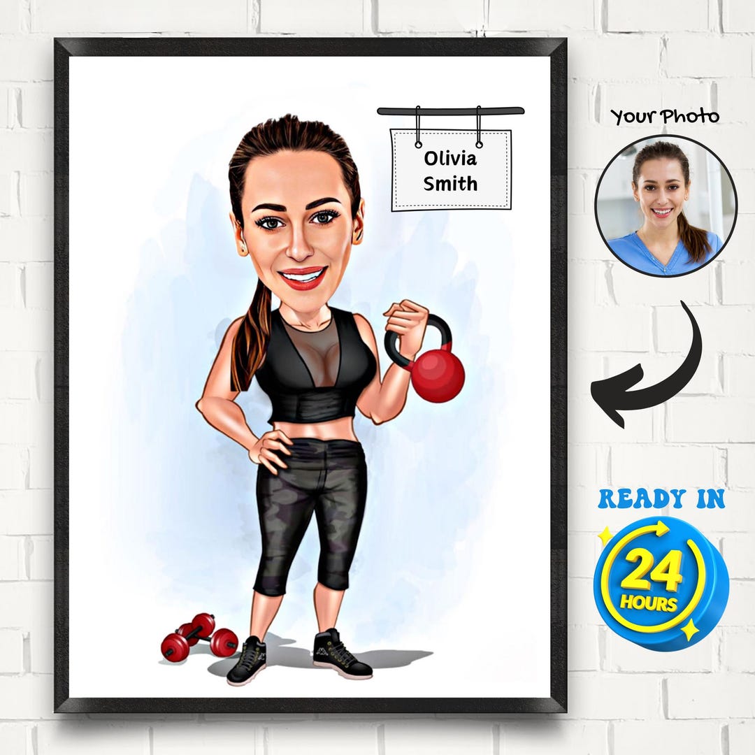 Custom Fitness Trainer Cartoon Portrait, Woman Fitness Trainer ...