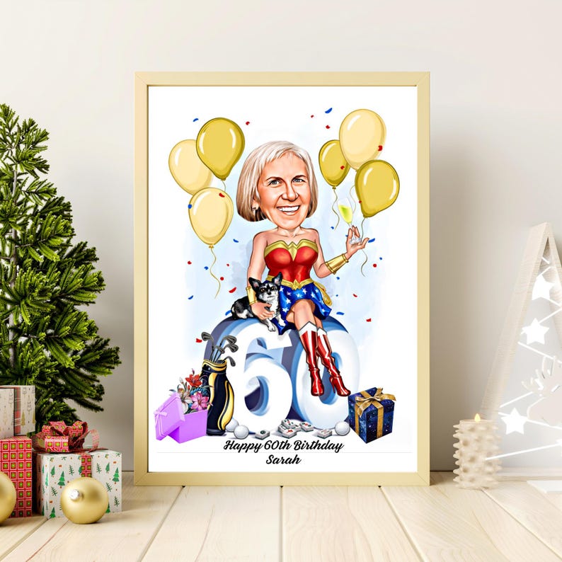 Custom 60th Woman Cartoon Portrait, 60th Birthday Caricature, Female ...
