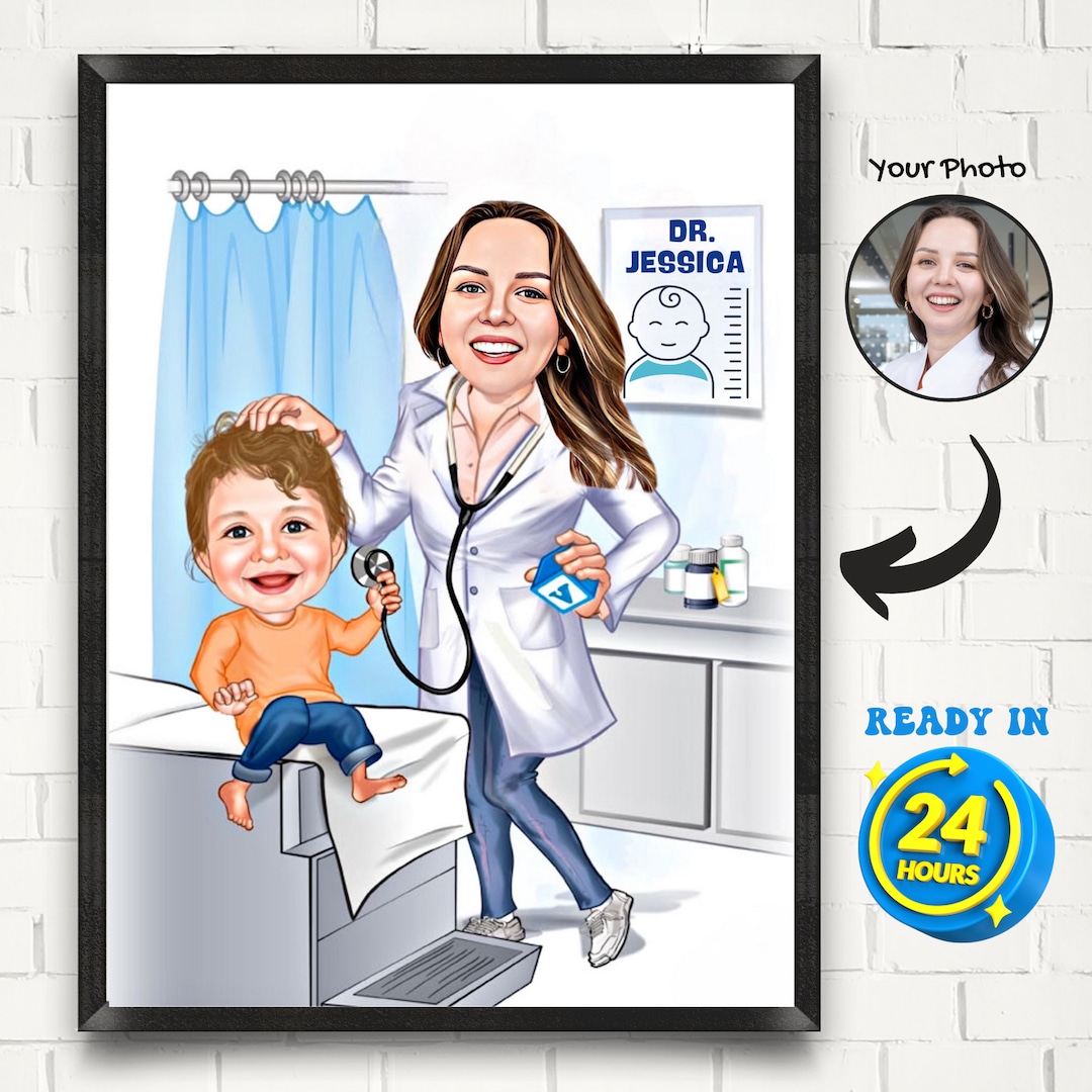Personalized Female Pediatrician Cartoon Portrait Pediatric Doctor ...