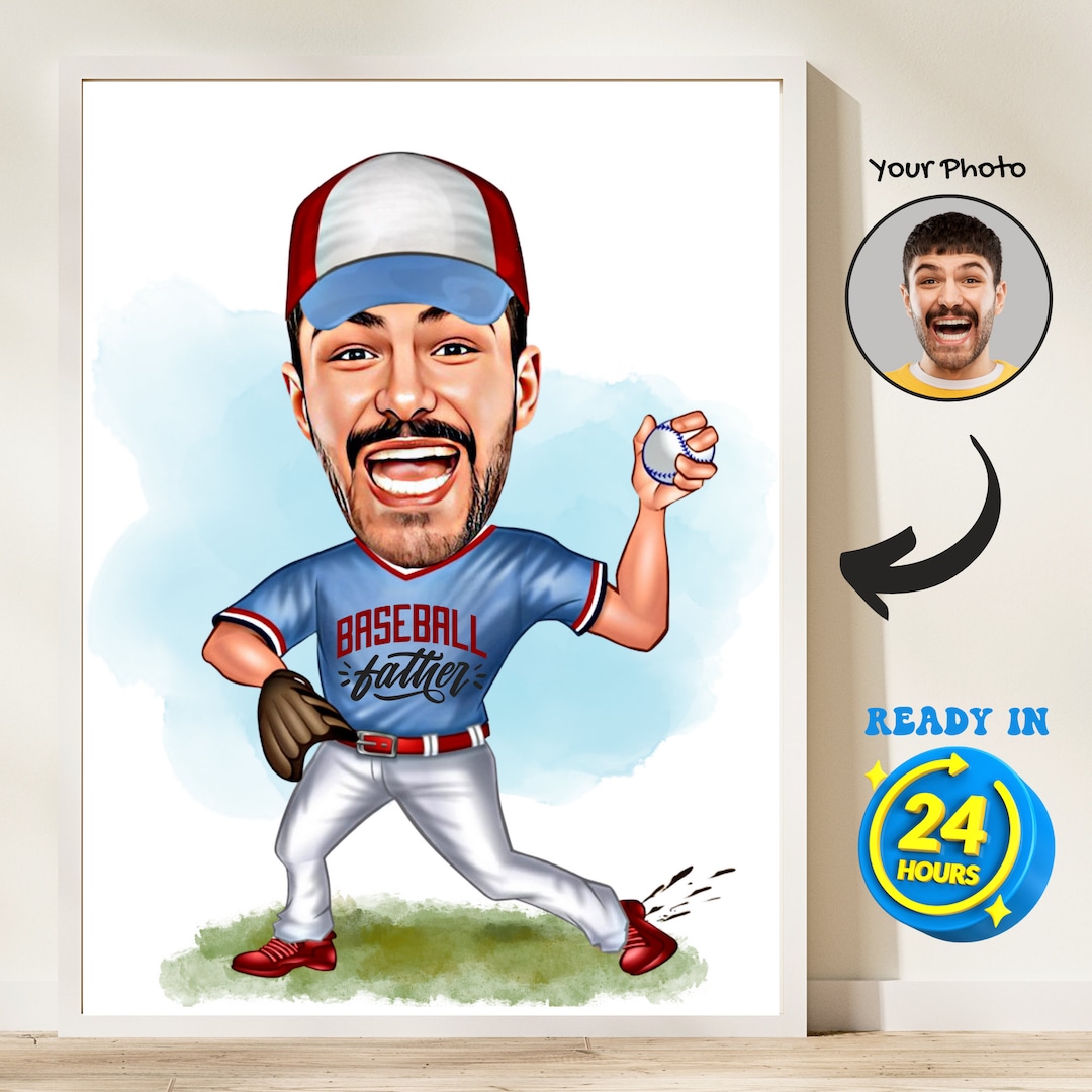 Custom Baseball Player Cartoon Portrait, Father’s Day Gifts, Baseball ...