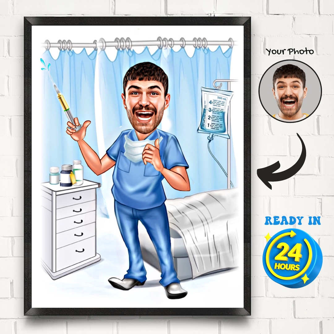 Personalized Male Nurse Cartoon Portrait, Custom Nurse Cartoon Drawing ...