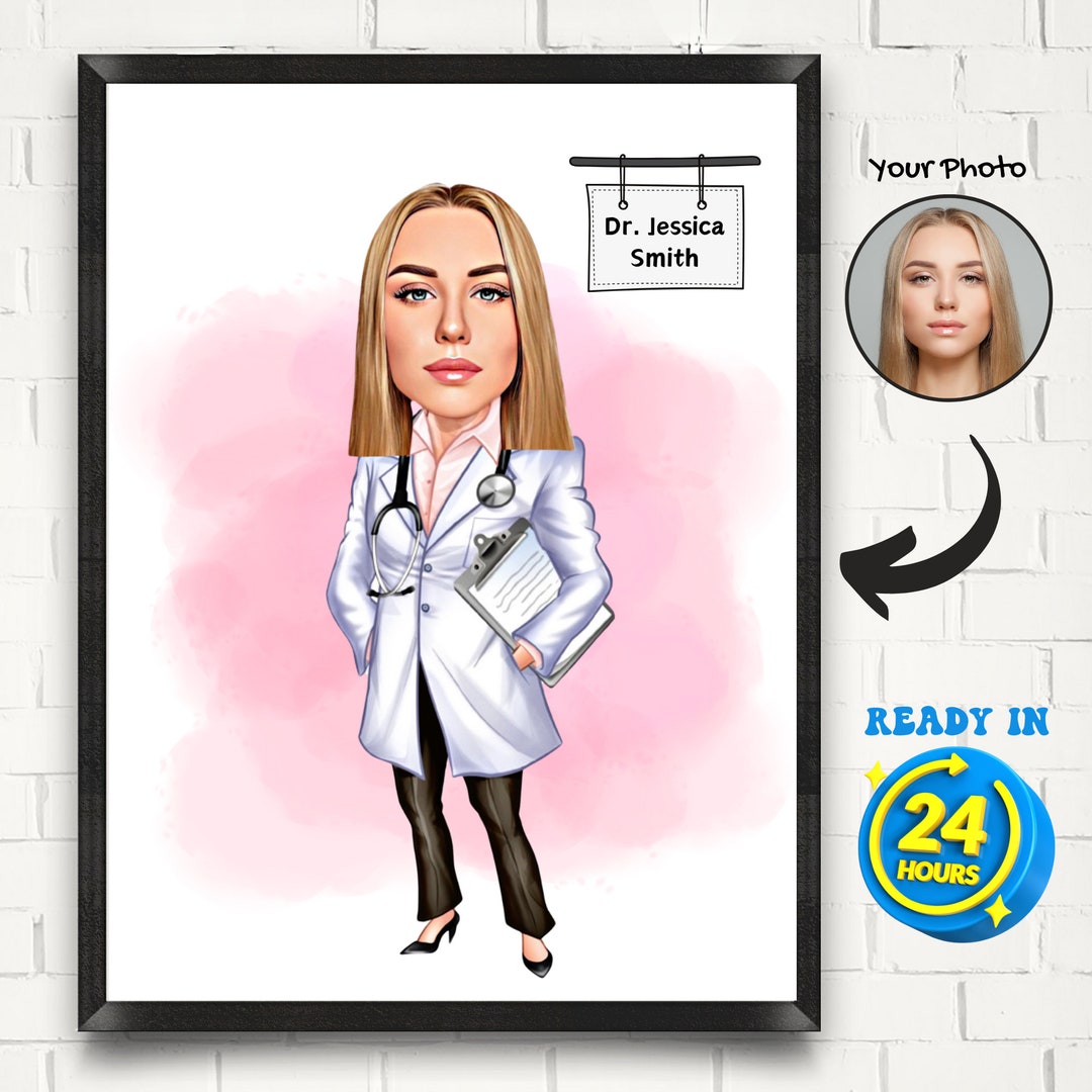 Custom Female Doctor Caricature, Super Doctor Cartoon Portrait, Unique ...