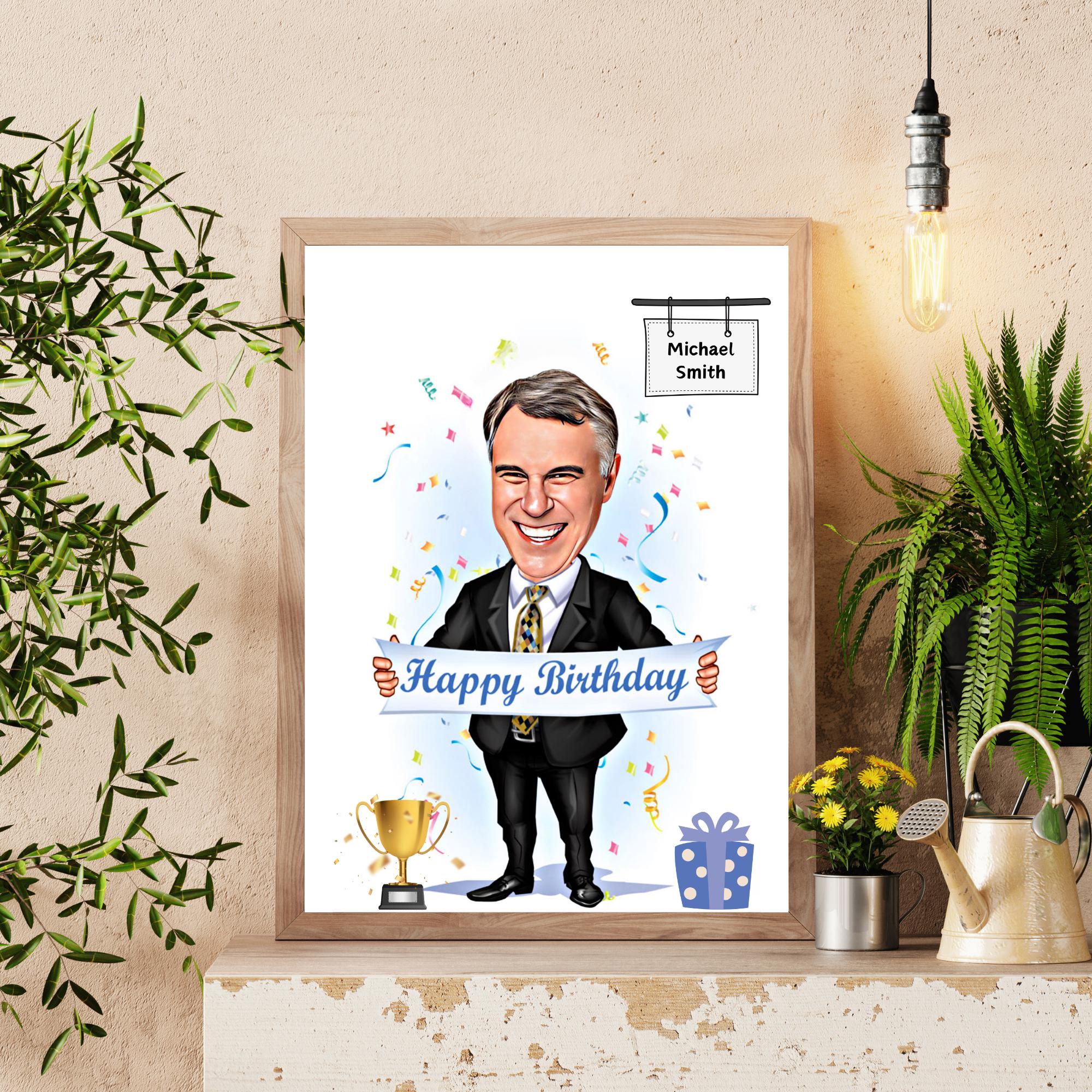 Custom Male Happy Birthday Cartoon Portrait, Funny Birthday Caricature ...