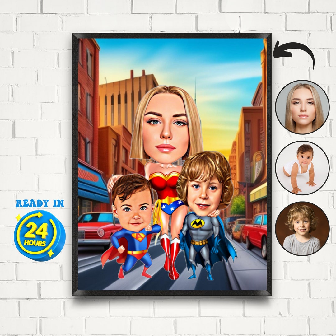 Custom Superhero Family Cartoon Portrait, Mom and Sons Caricature ...