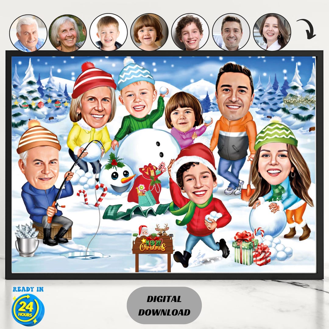 Custom Christmas Family Cartoon Portrait From Photos, Caricature ...