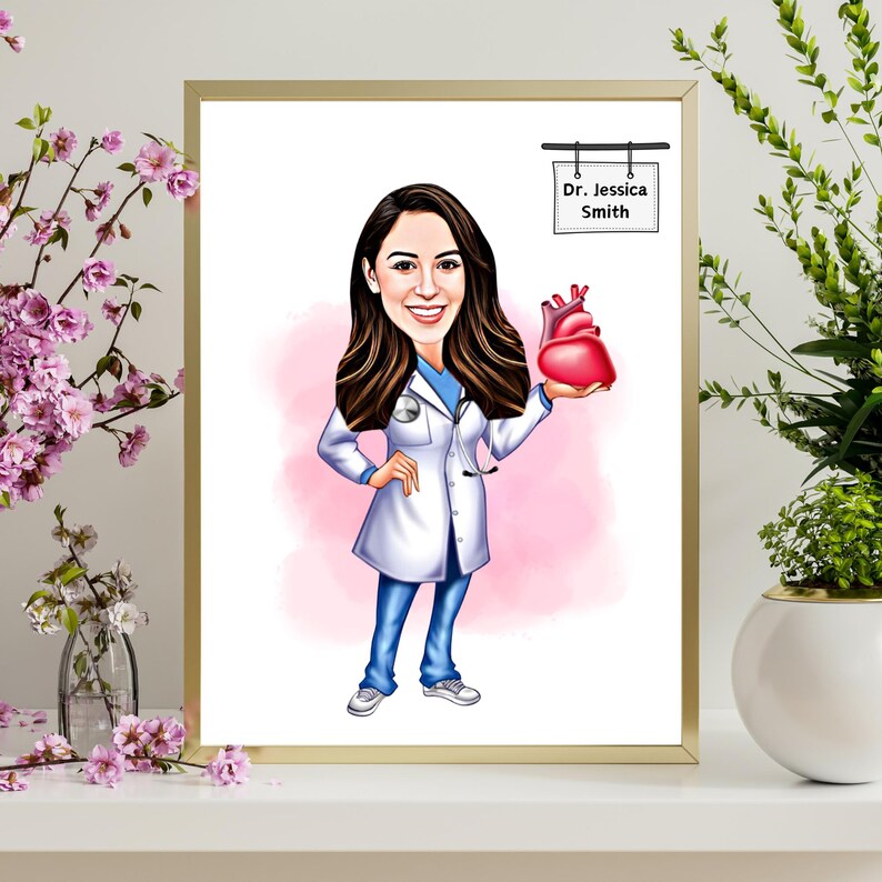 Custom Female Cardiologist Cartoon Portrait, Cardiology Caricature Gift ...