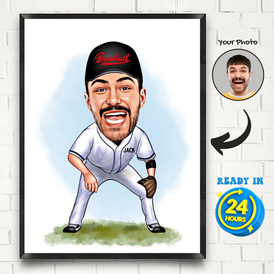 Custom Baseball Player Caricature Drawing, Father’s Day Gifts, Baseball ...