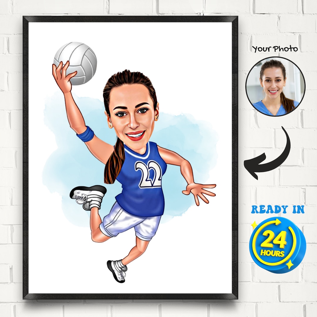 Volleyball Player Cartoon Drawing From Photo, Funny Volleyball Gift for ...