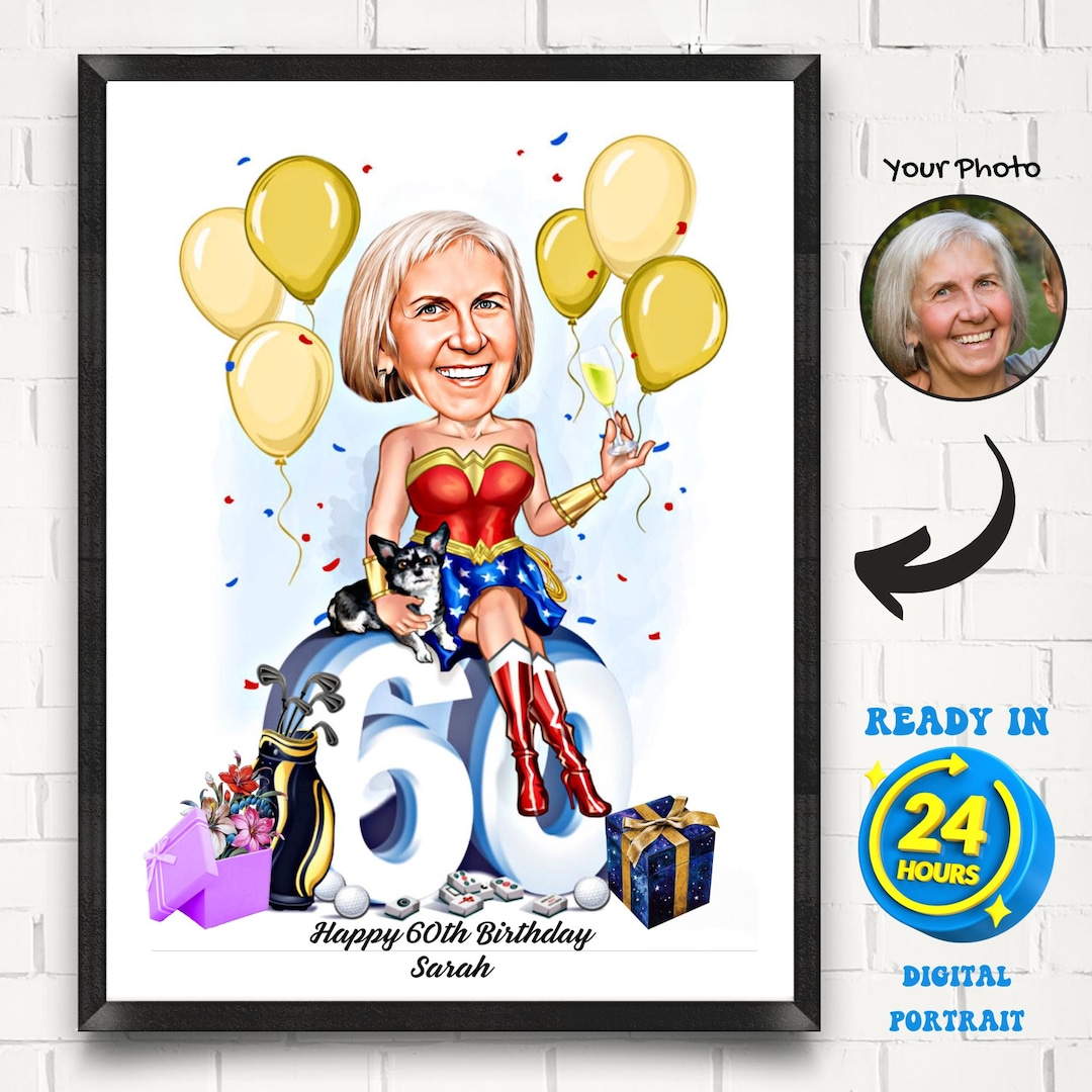 Custom 60th Woman Cartoon Portrait, 60th Birthday Caricature, Female ...