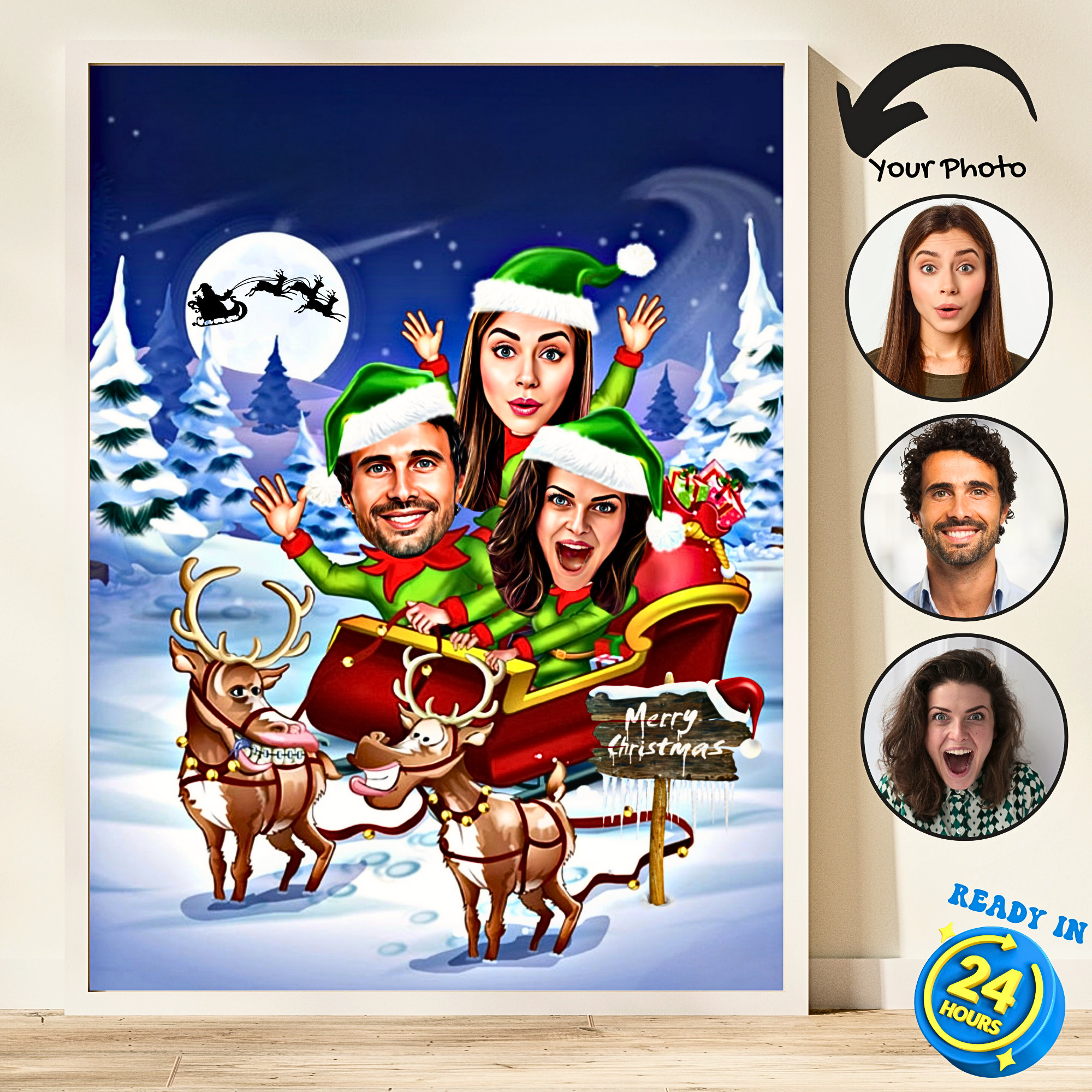 Custom Christmas Elf Family Caricature Portrait, Christmas Elves Group ...