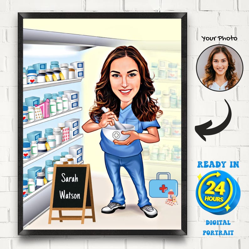Custom Female Pharmacist Caricature Drawing From Photo, Pharmacist ...